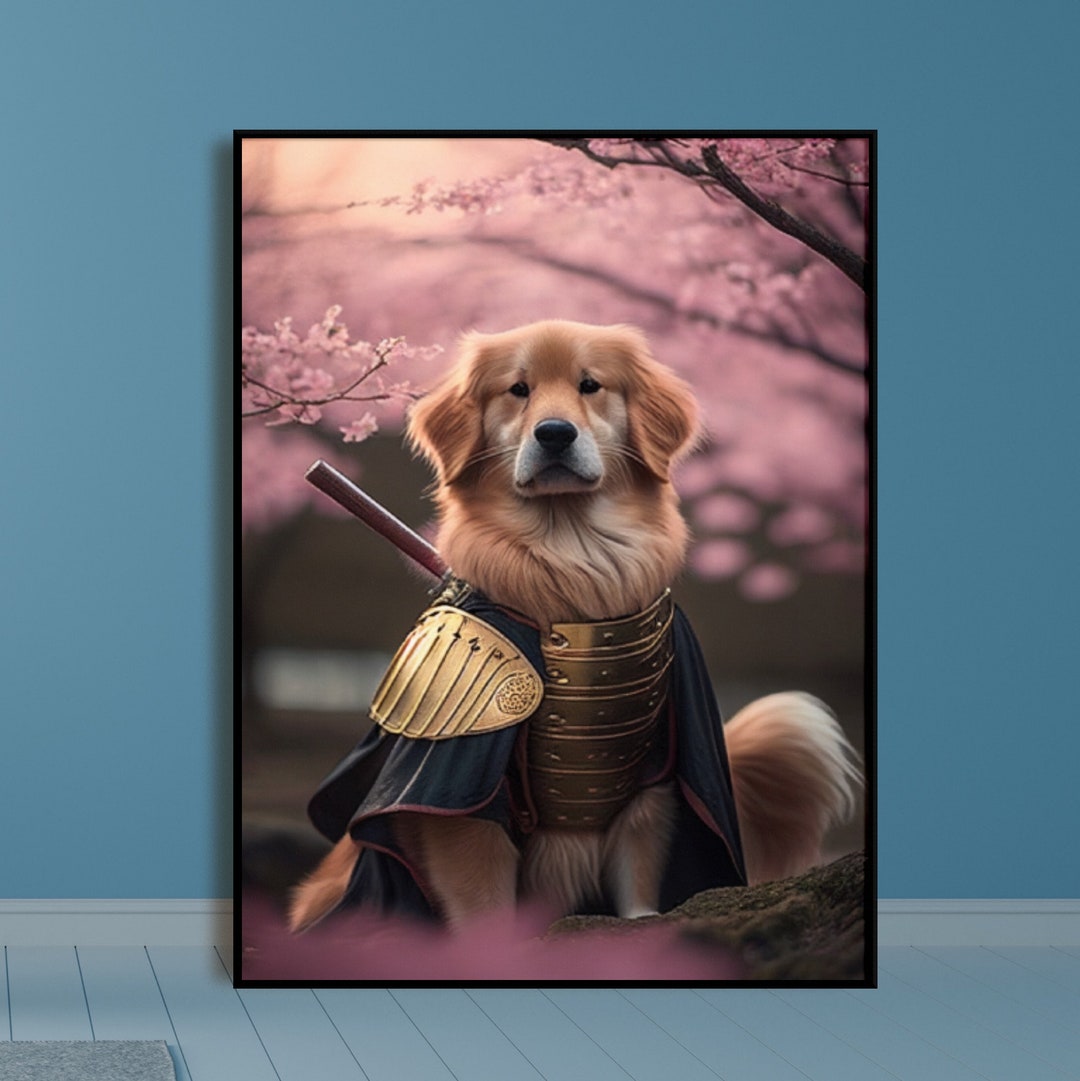 Downloadable Digital Poster - Golden Retriever Samurai in the Sakura ...