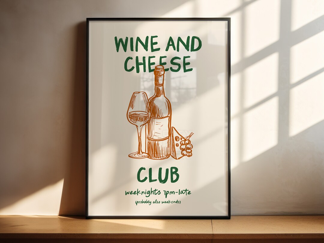 Wine and Cheese Club Print, Wine Print, Retro Food Print, Kitchen ...