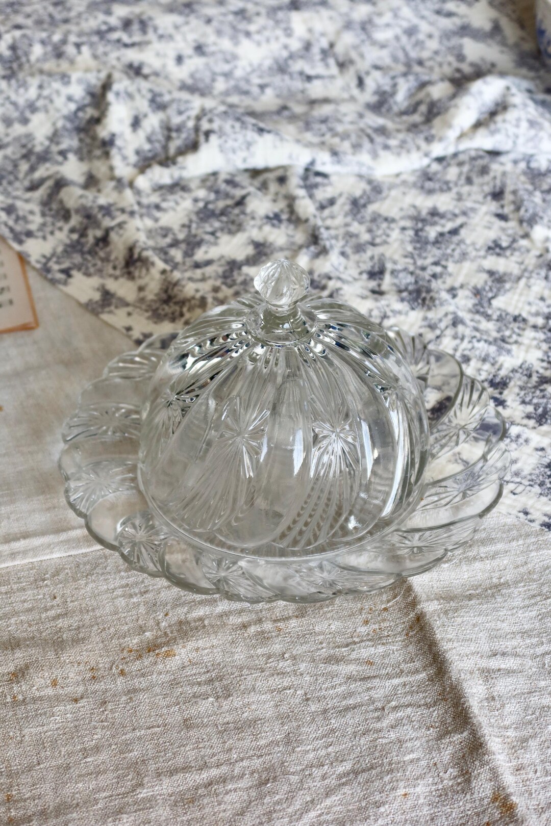 Vintage Pressed Glass Cheese Cover - Star Pattern Dome - Matching ...