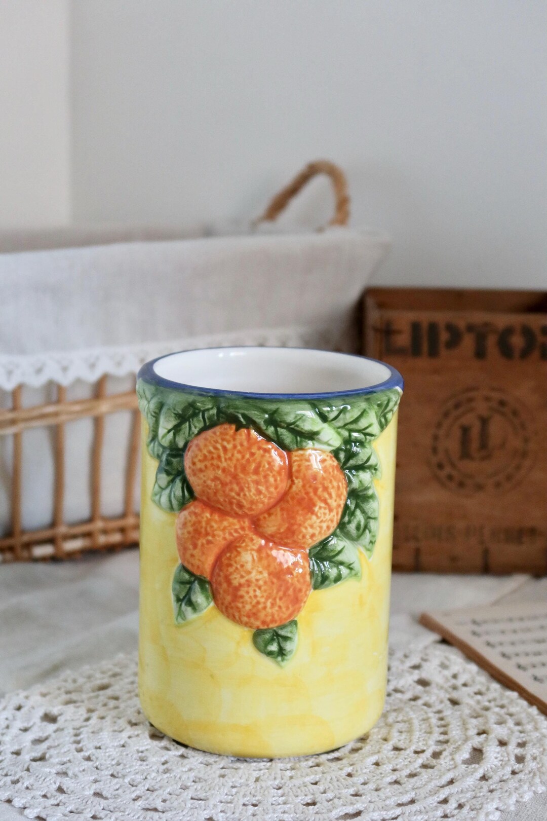 Yellow Barbotine Utensil Pot / Vase With Orange Pattern - Kitchen ...