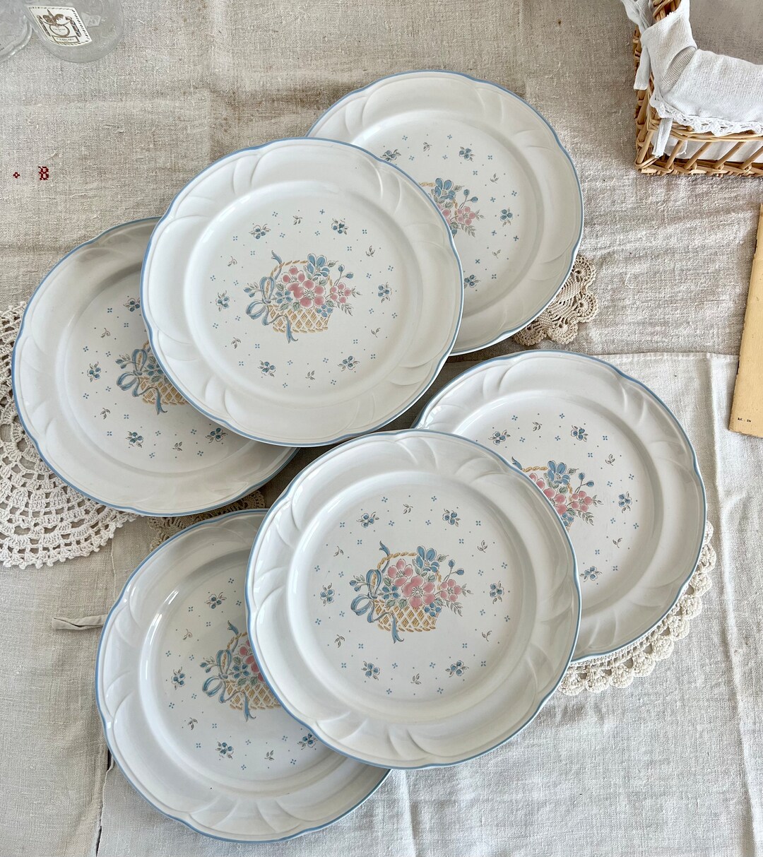FLORAL PATTERN PLATE, 6 Vintage Flat Plates Country Basket Collection ...