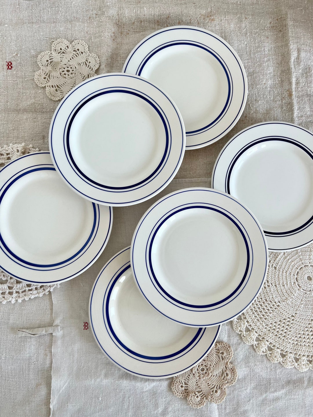 6 Vintage Bistro-style Dessert Plates, Blue and White Porcelain ...
