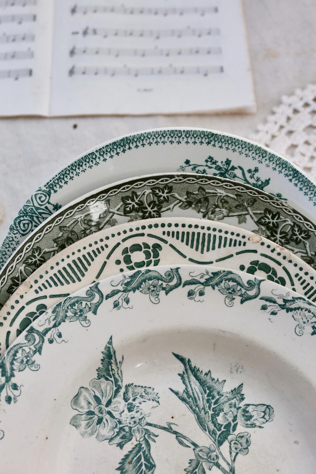 4 Mismatched Old Green Ironstone Deep Plates - Old French Tableware ...