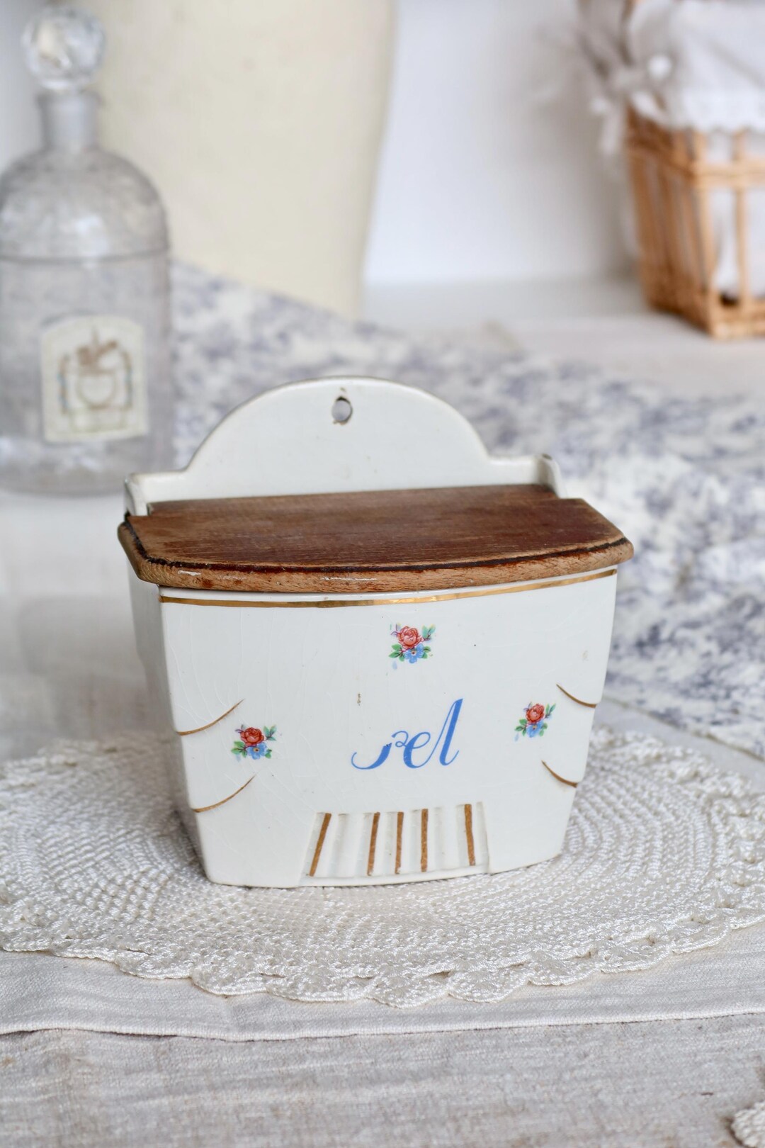 Antique White Earthenware Wall Salt Box With Floral Decoration and ...