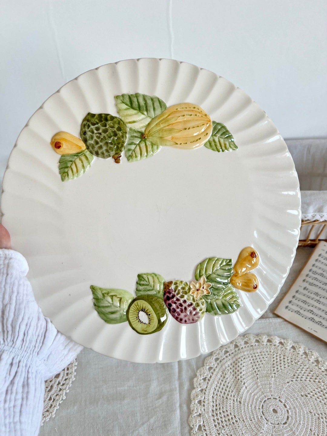 1990s Vintage French Vintage Fruit Pattern Slip Cake Presentation Dish ...