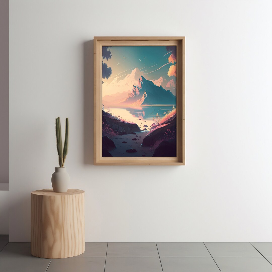 Printable Digital Art | Mountain Lake Beach Landscape Illustration ...
