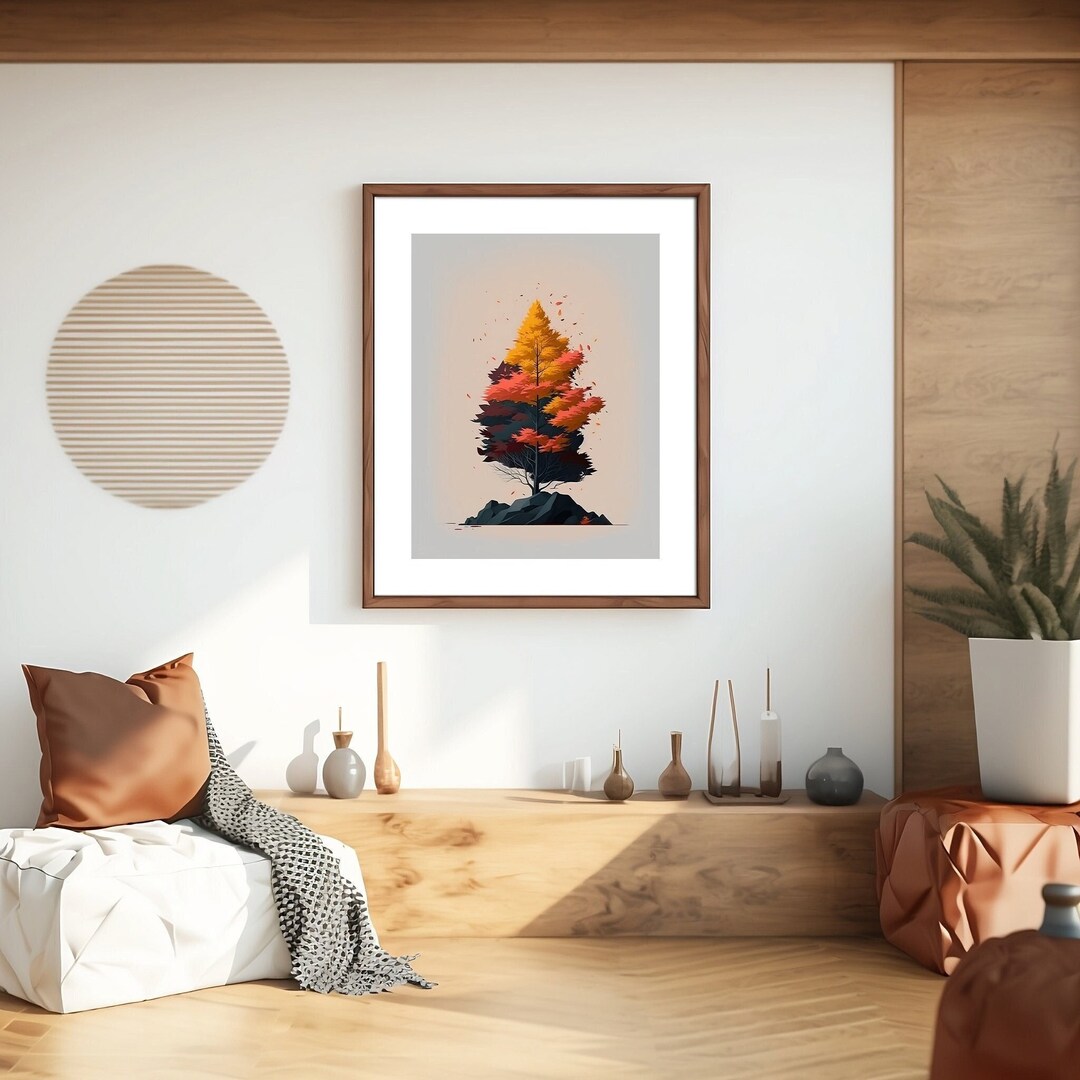 Printable Digital Art Red Orange Blue Autumn Minimalist Tree High ...