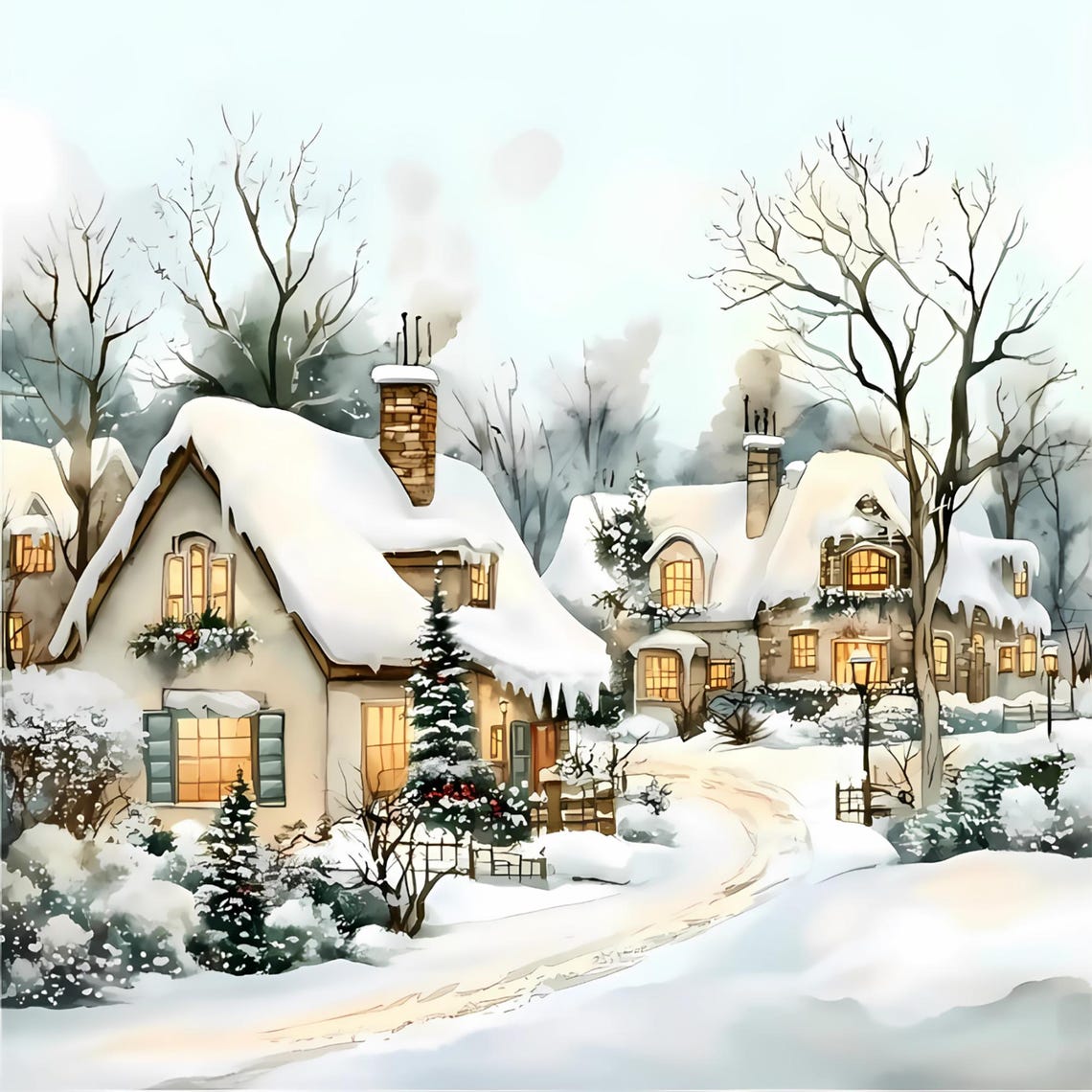 Winter Village Snow Scene Winter Homes Seasonal Art Rustic Winter ...