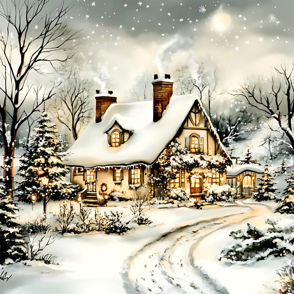 Winter Village Snow Scene Winter Homes Seasonal Art Rustic Winter ...