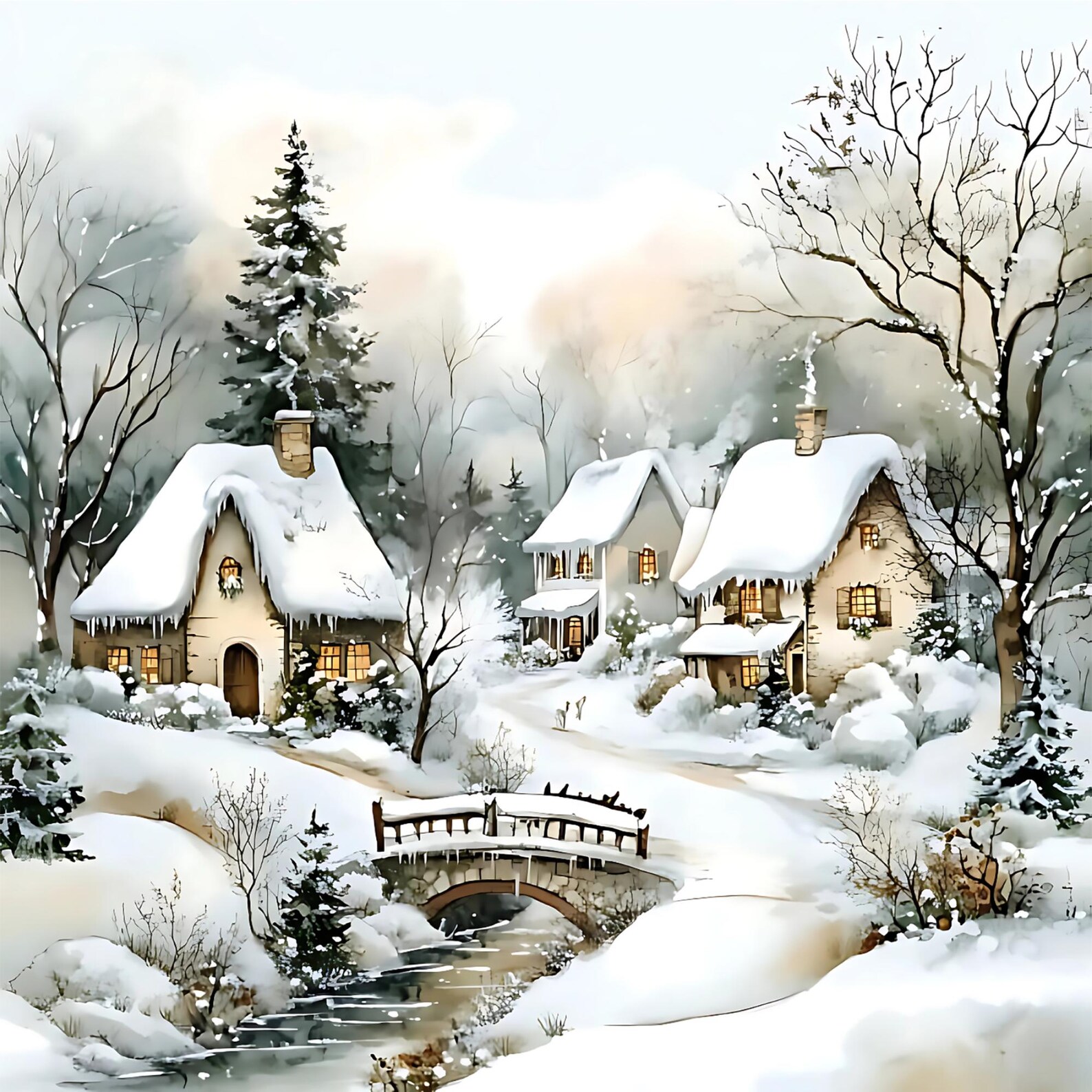 Winter Village Snow Scene Winter Homes Seasonal Art Rustic Winter ...