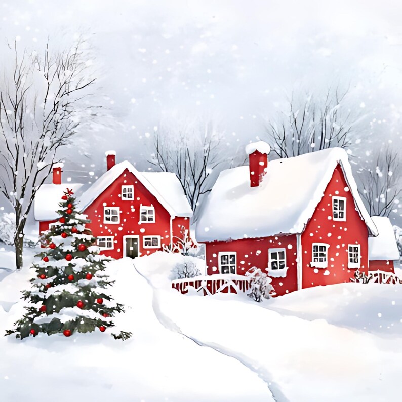 Winter Village Snow Scene Red Snowy House PNG Digital Download ...