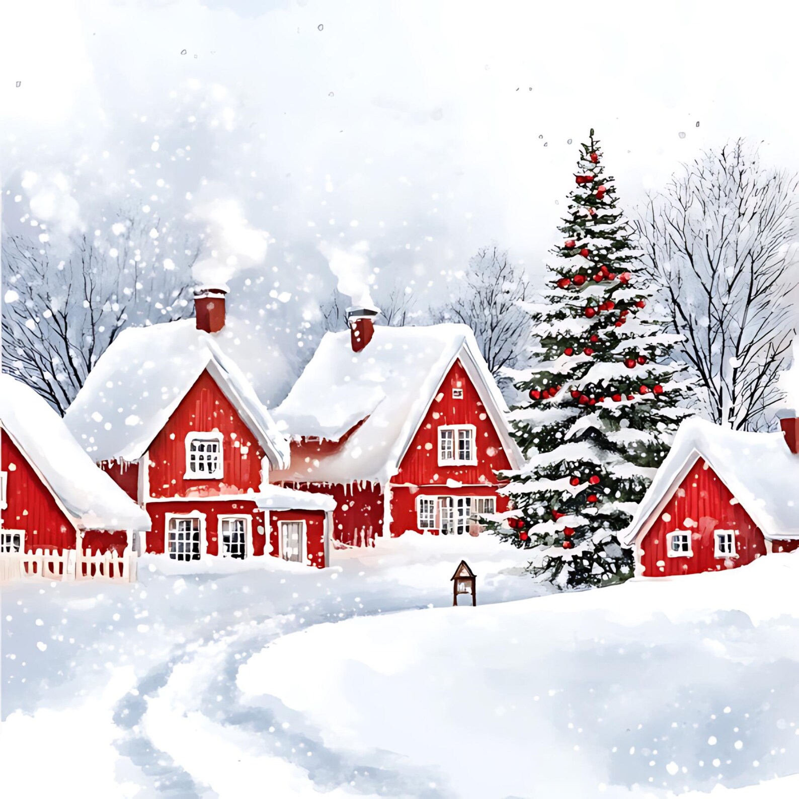 Winter Village Snow Scene Red Snowy House PNG Digital Download ...