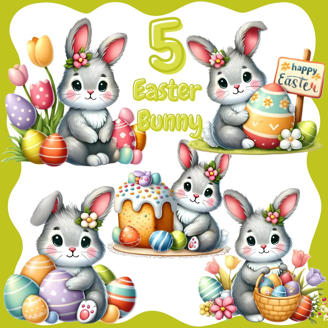 Easter Bunny Rabbit Clipart: Cartoon Graphics (digital Download - 5 ...