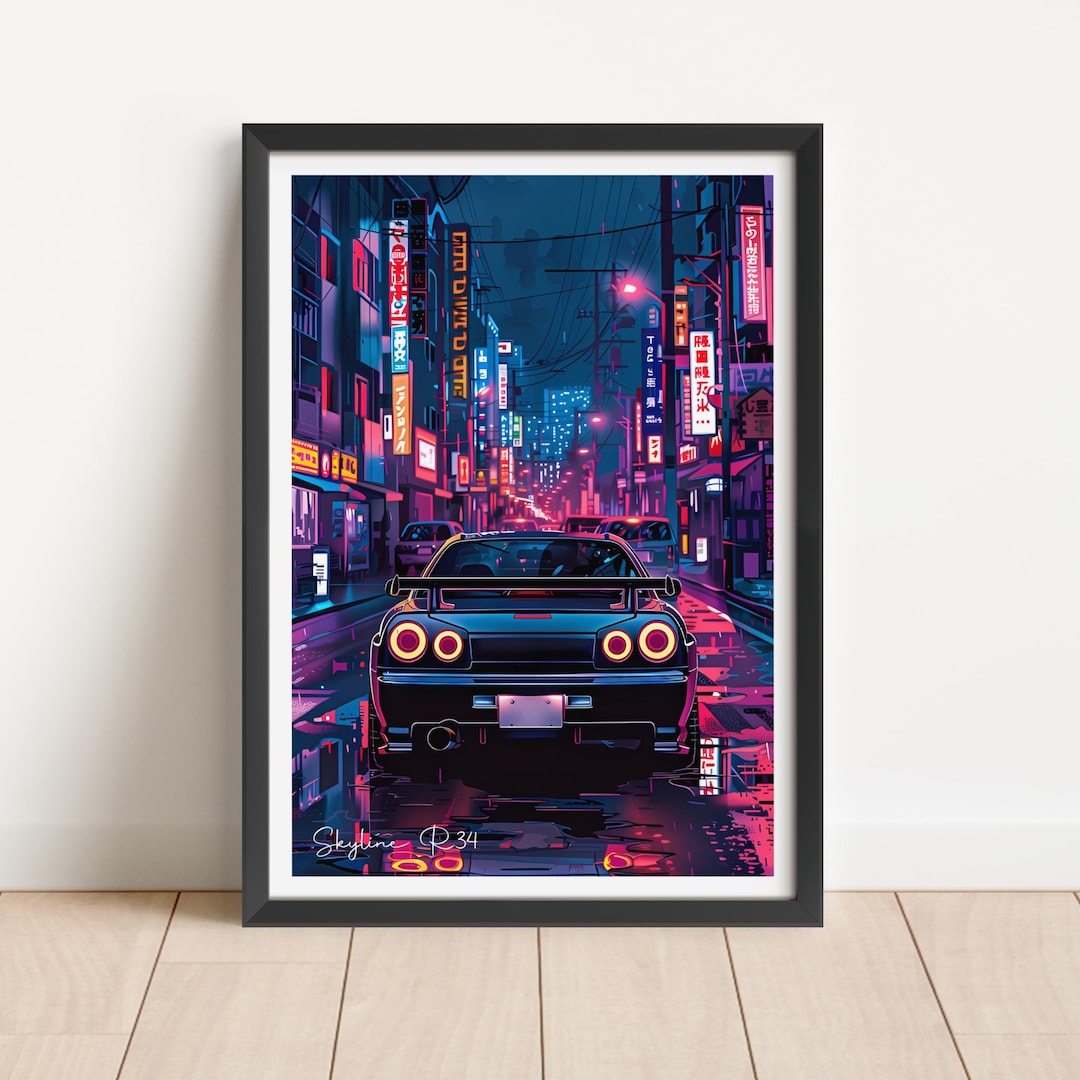 Nissan Skyline R34 Art Print | JDM Car Wall Art | Tokyo Night Street ...