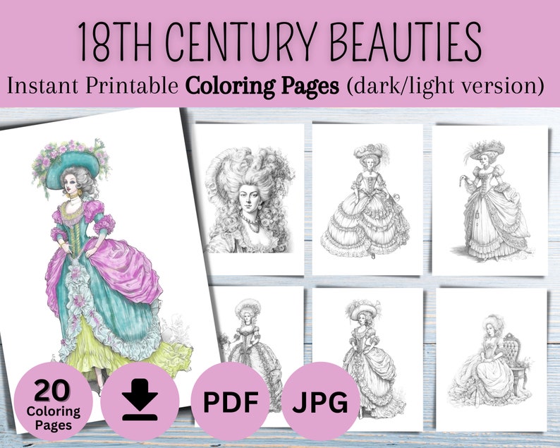 18th Century Fashion Coloring Pages: 20 Pdfs + Jpgs for Tablet Coloring ...