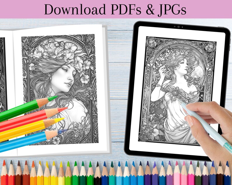 10 Art Nouveau Coloring Pages, Printable Coloring Book, Instant ...