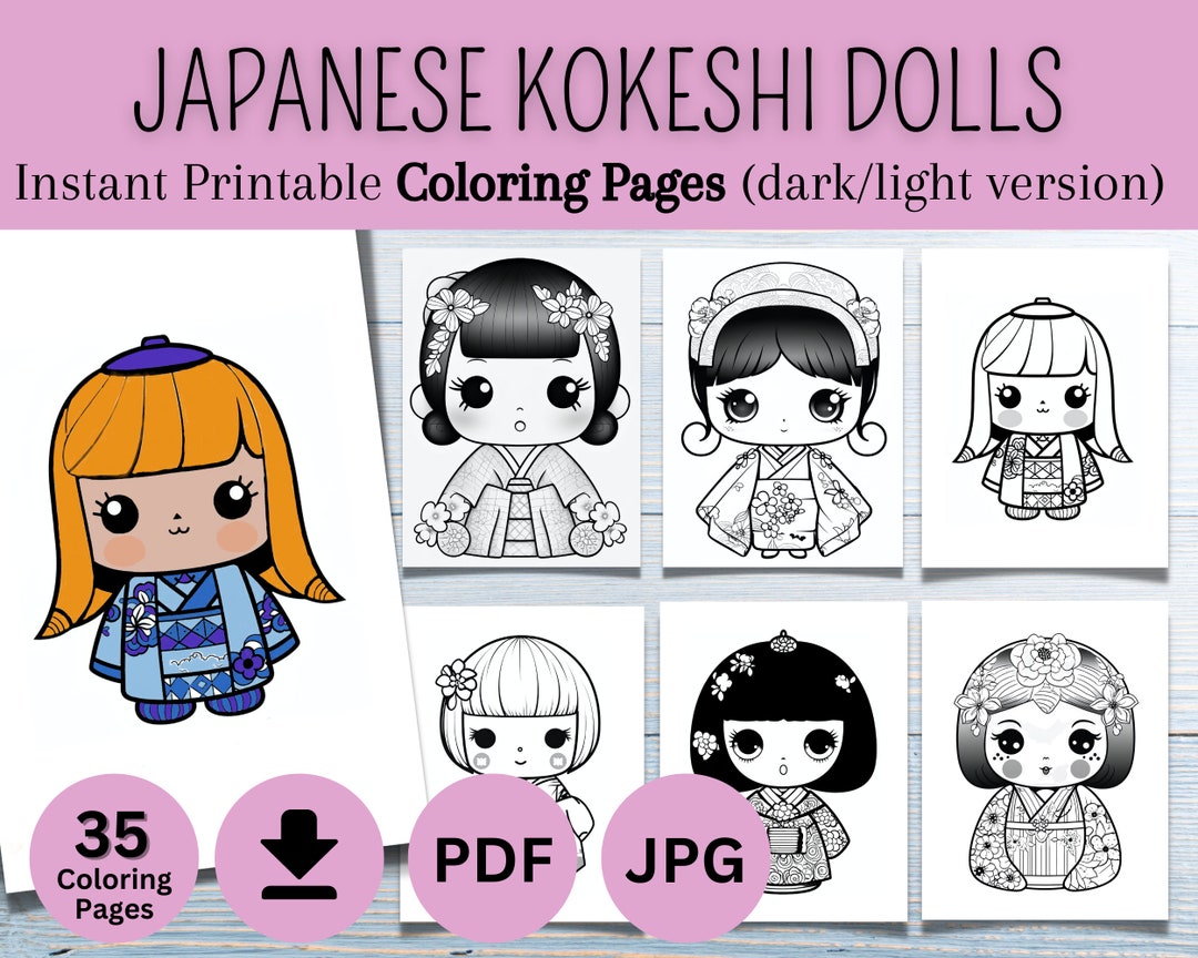 35 Cute Kokeshi Dolls Grayscale Coloring Pages: Discover the World of ...
