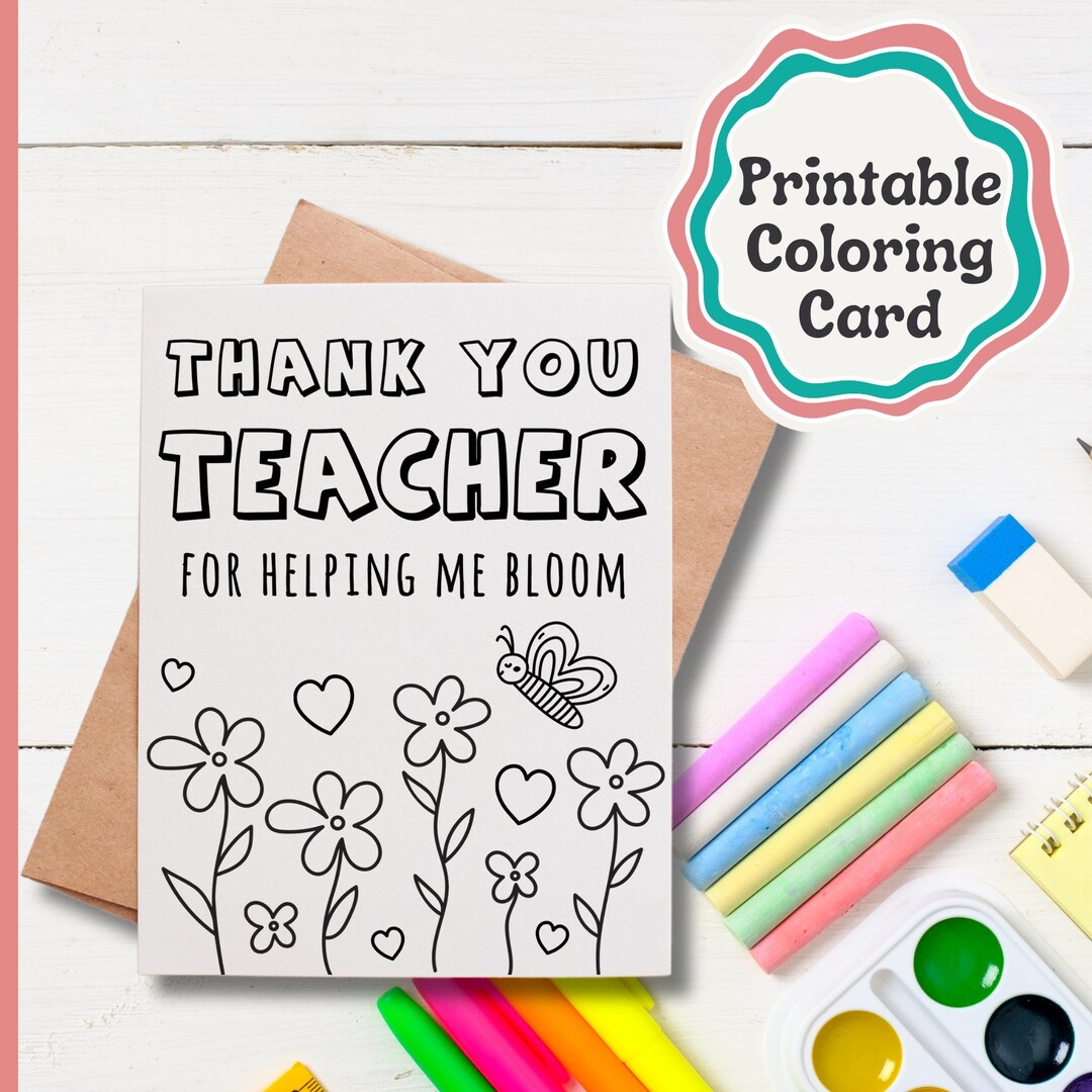 Teacher Thank You Card Printable Coloring DIY Card, Instant Digital ...