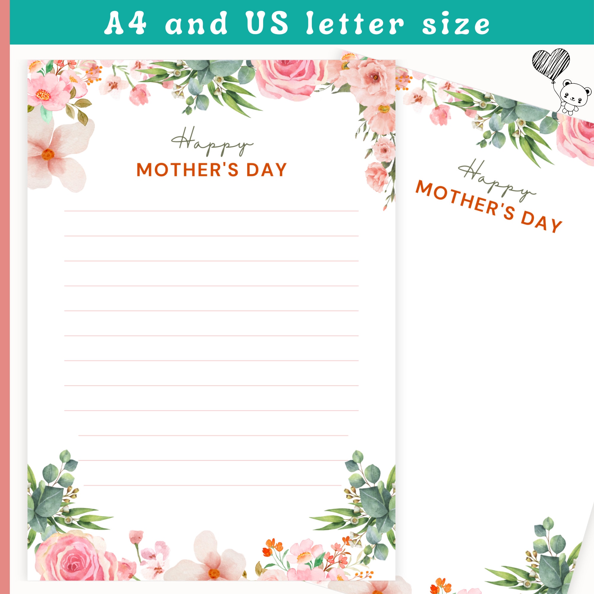 Mother's Day Letter, Printable Flower Paper Stationery Gift Idea ...