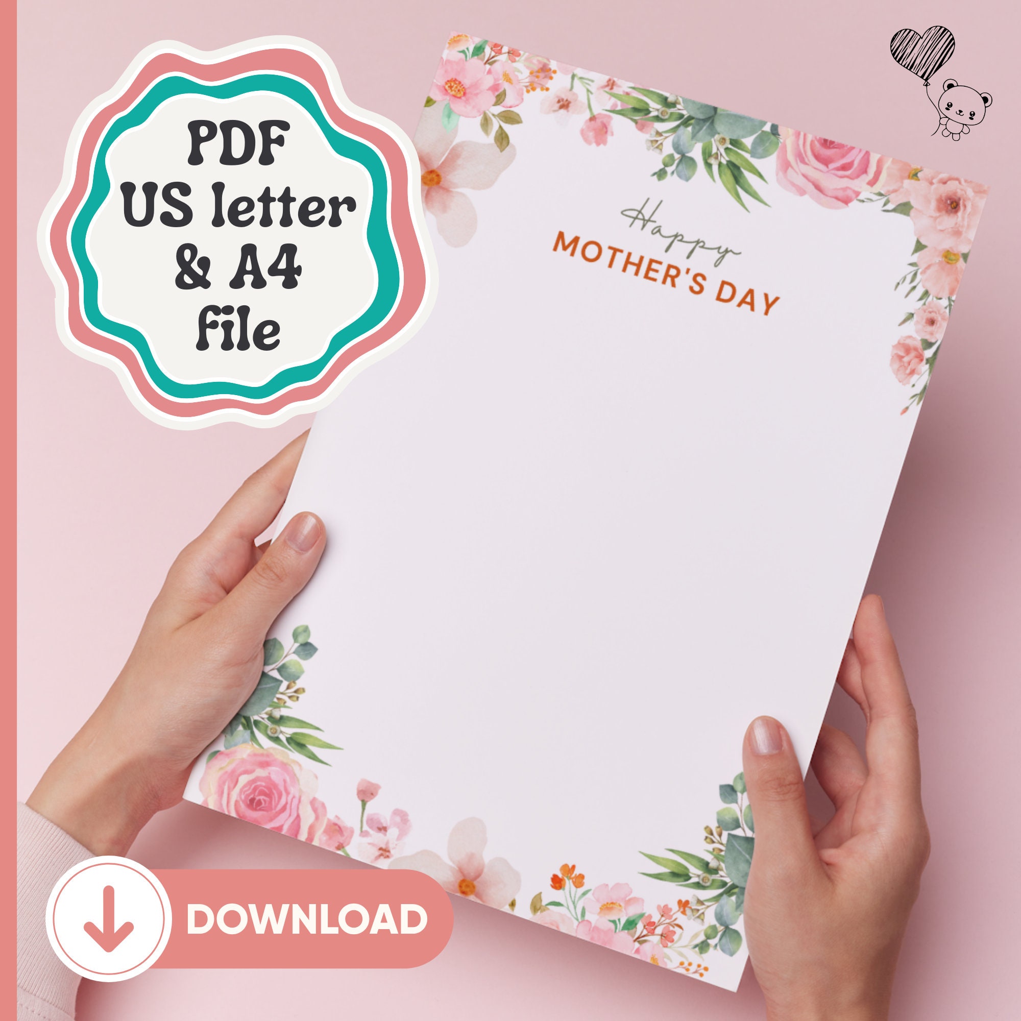 Mother's Day Letter, Printable Flower Paper Stationery Gift Idea ...