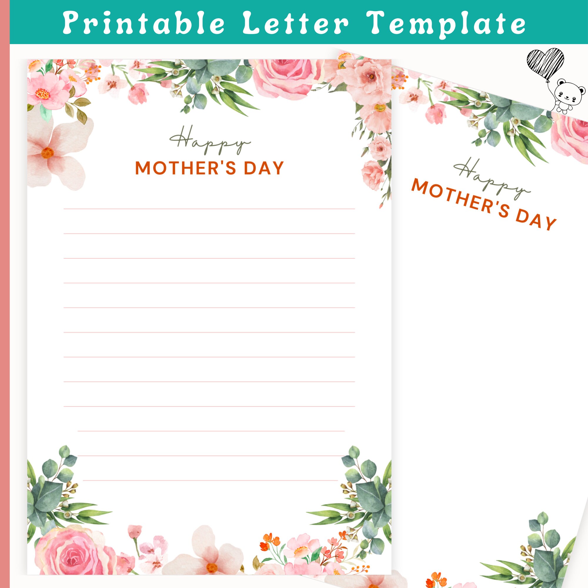 Mother's Day Letter, Printable Flower Paper Stationery Gift Idea ...