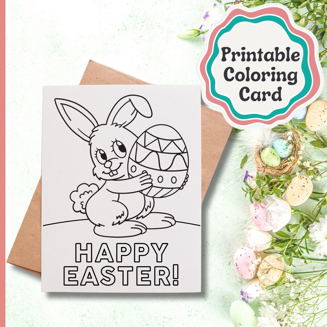 Printable Happy Easter Coloring Card, Easter Bunny Card, Easter ...
