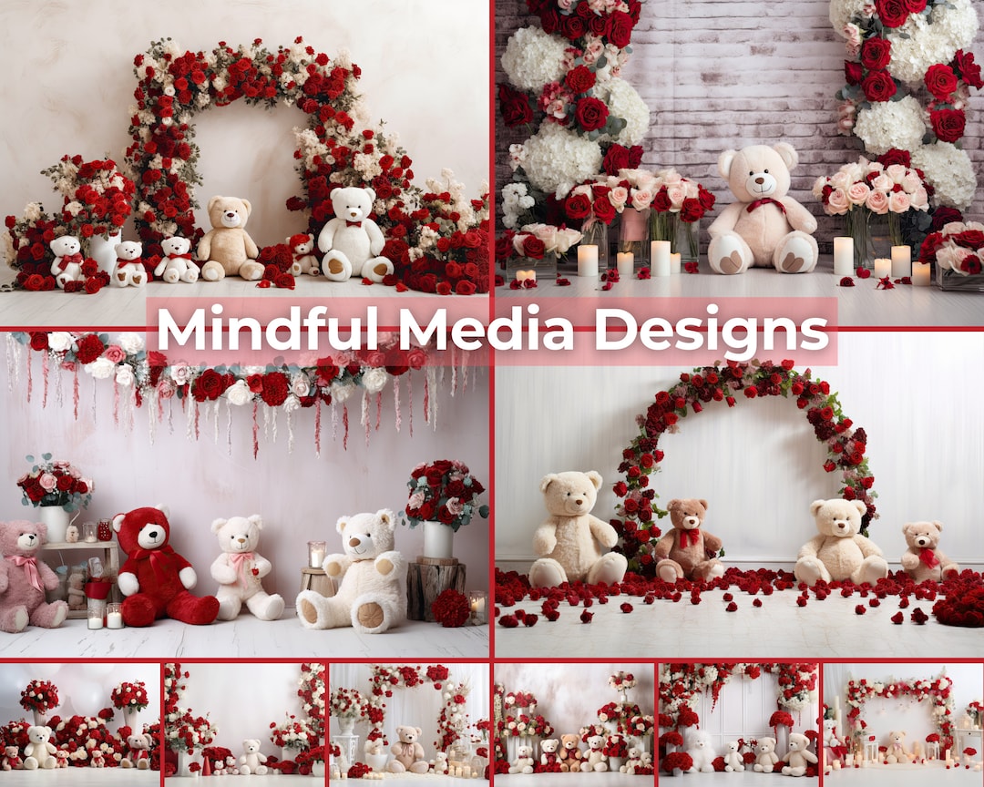 10 Red Florals & Teddies Baby Digital Backdrops, Cake Smash Photography ...