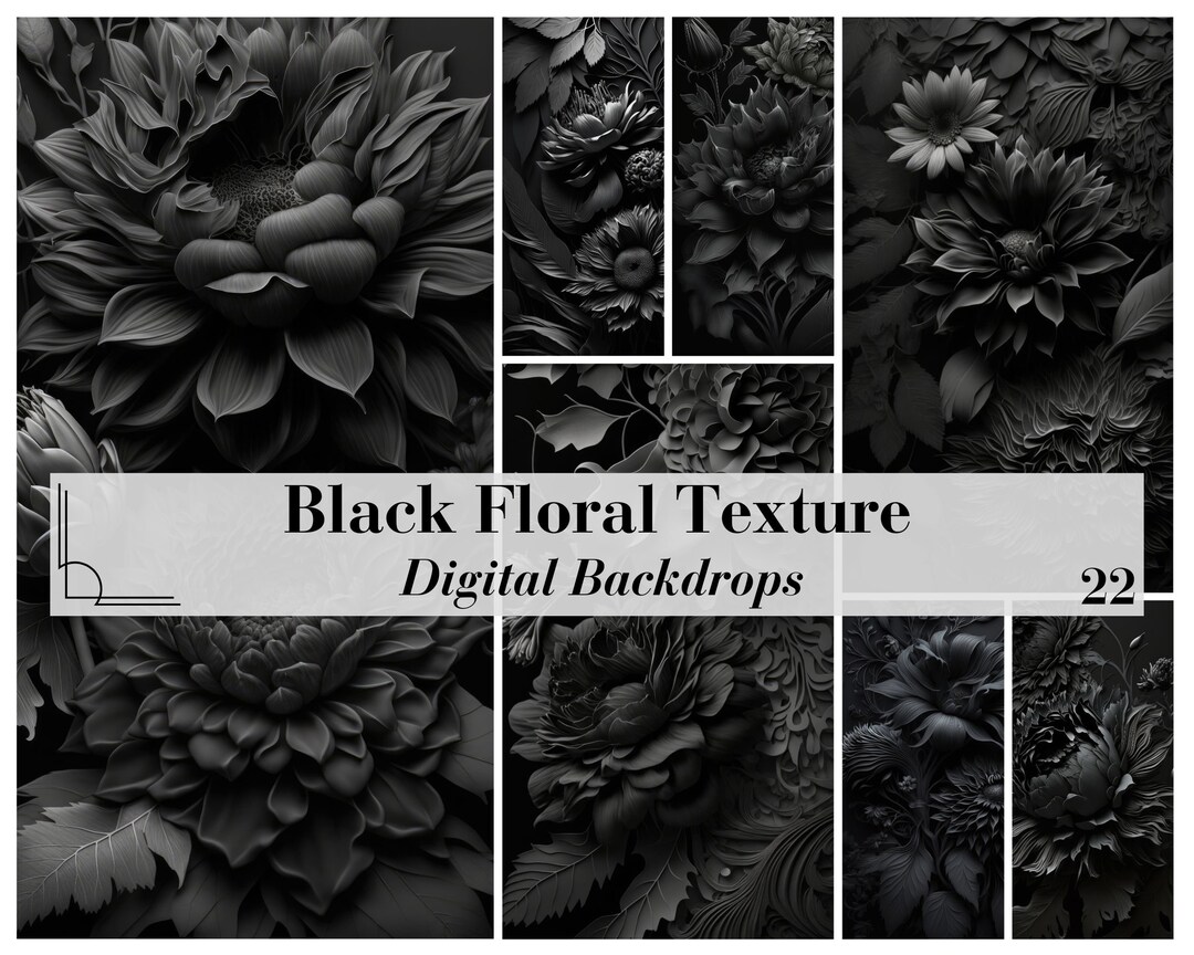 Black Floral Texture Digital Backdrops, Digital Backdrop Floral Texture ...