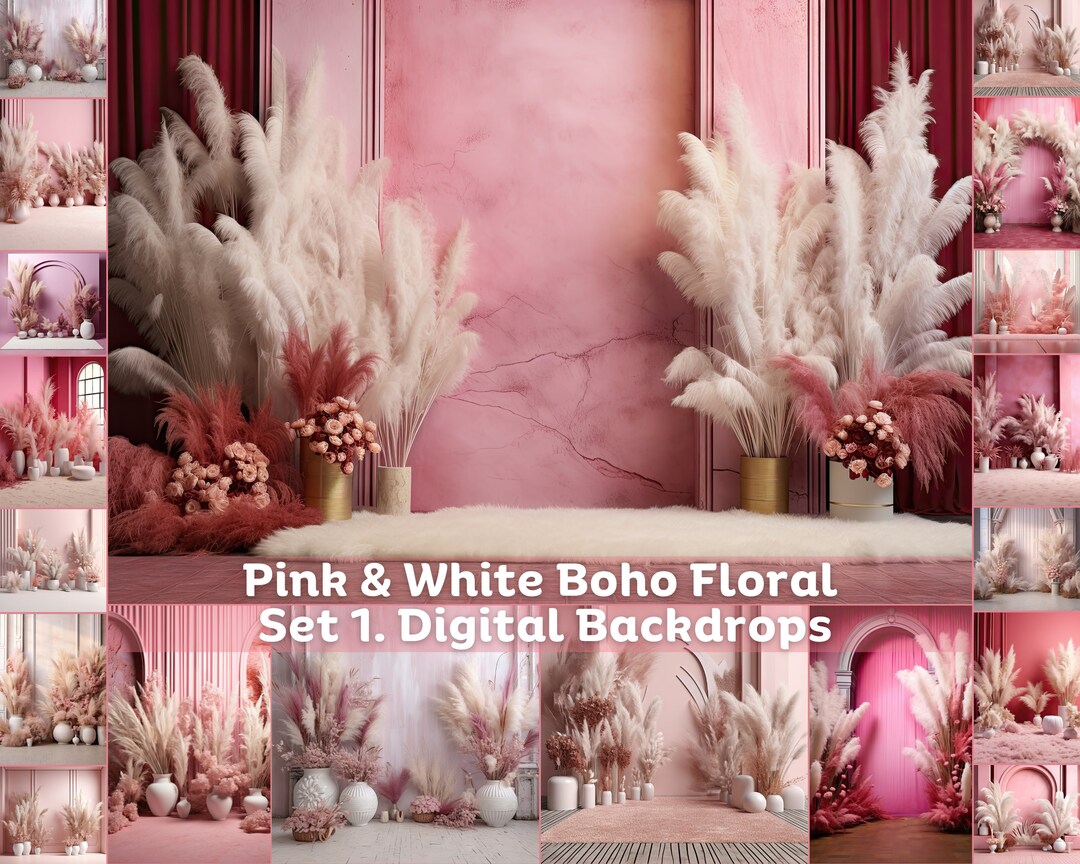 Pink & White Boho Floral Digital Backdrop Set1, for Photography ...