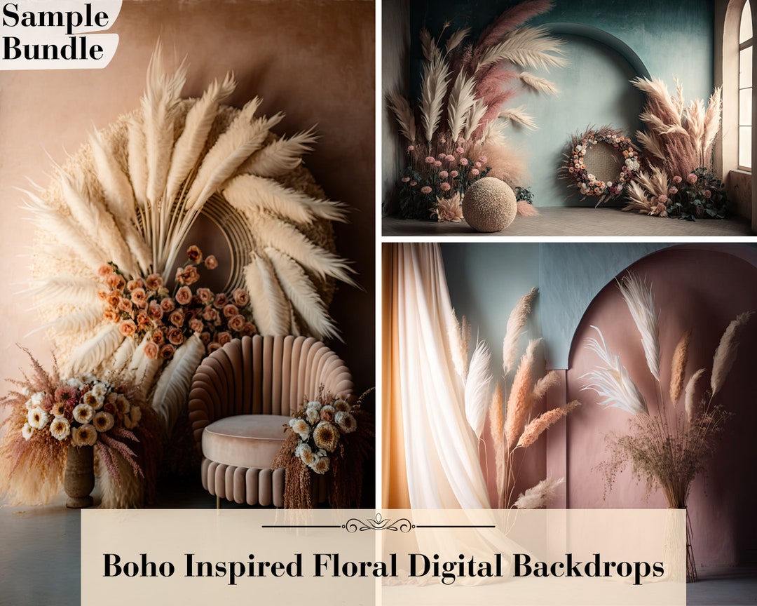 3 Boho Floral Digital Backdrop, Maternity Backdrops Digital, Studio ...