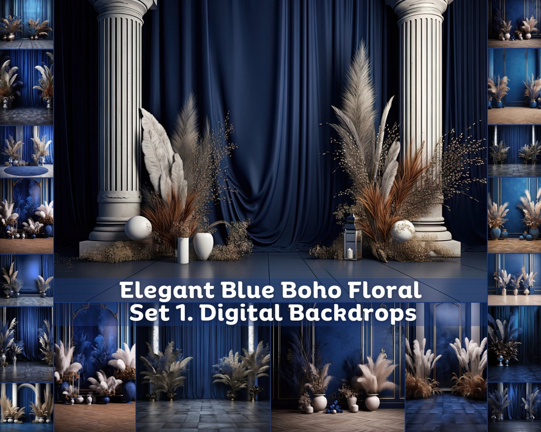 Elegant Blue Boho Floral Digital Backdrop Set1, for Photography ...