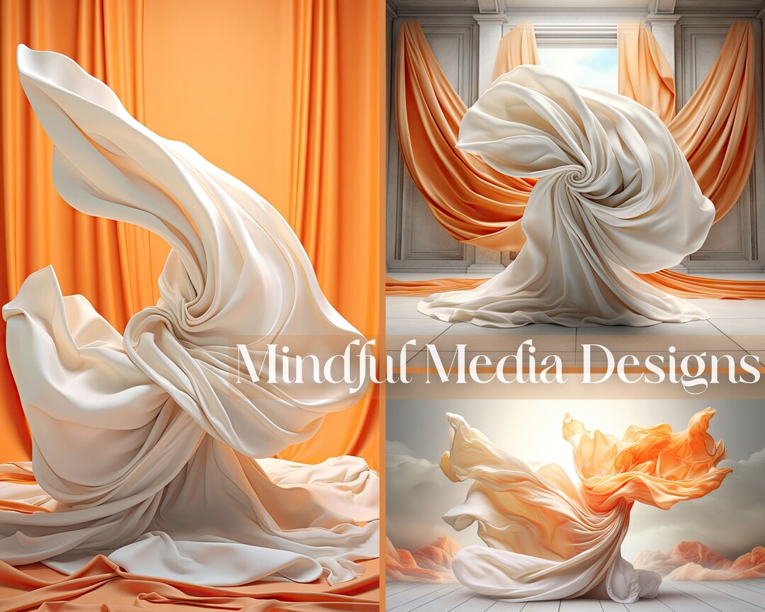 3 White & Orange Flowing Fabric Digital Backdrop, Maternity Overlays ...