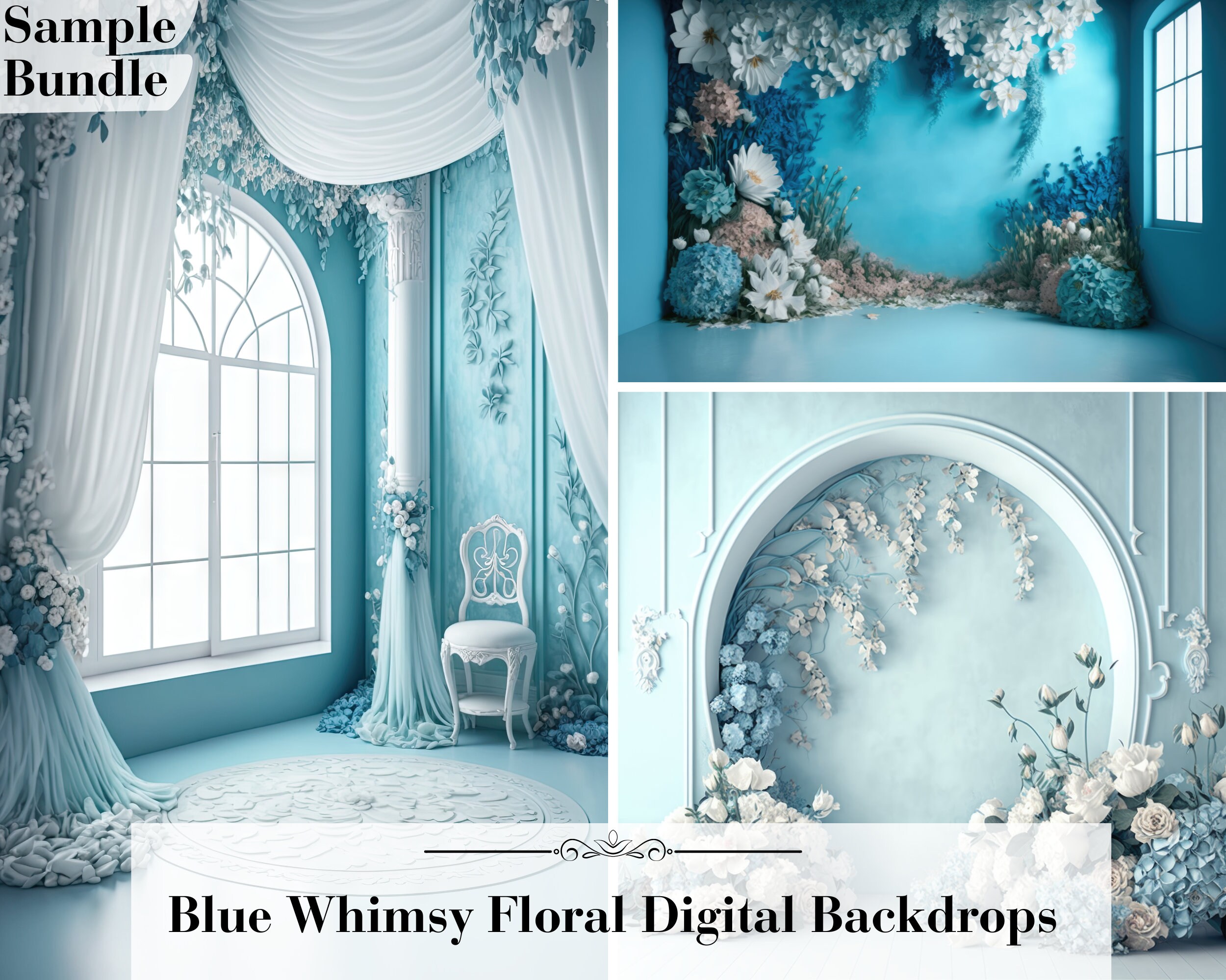 3 Blue Whimsy Floral Digital Backdrops Maternity Backdrops - Etsy