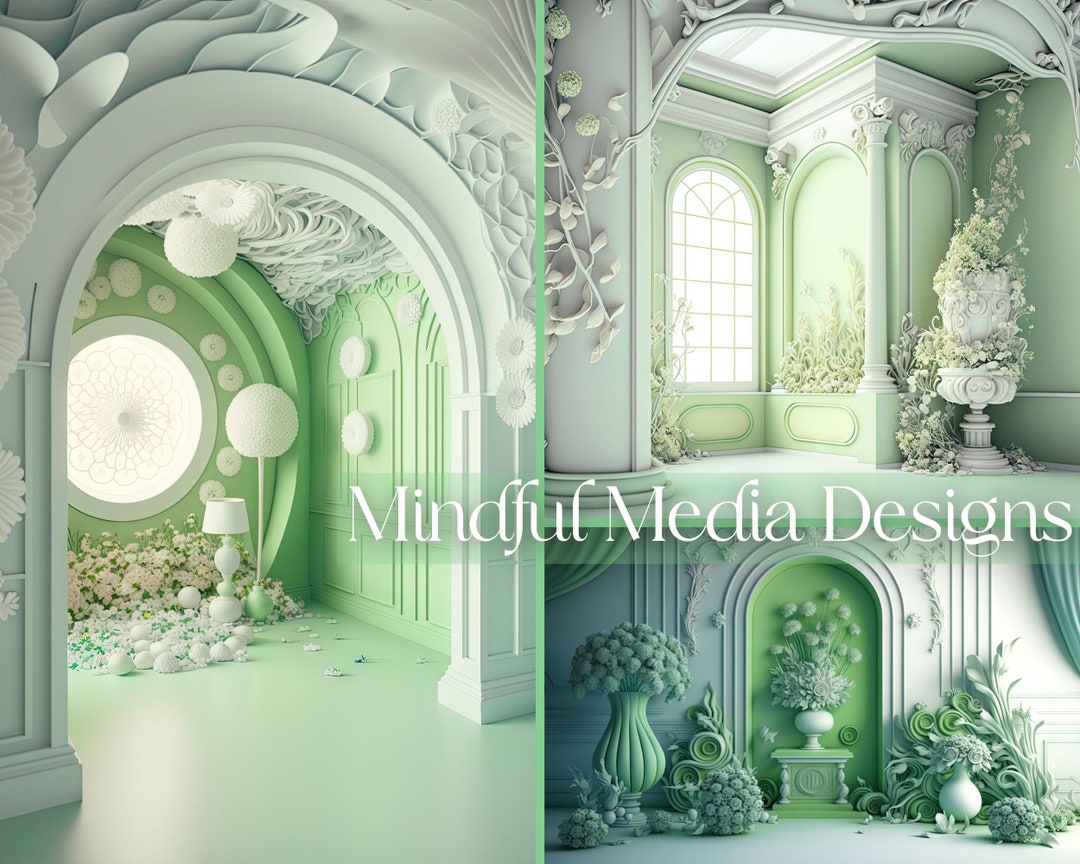 3 Green Whimsy Floral Digital Backdrops, Maternity Backdrops Digital ...