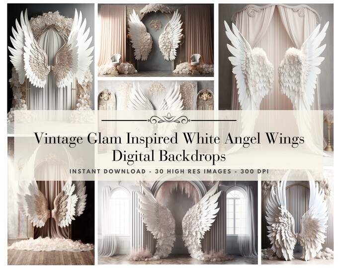 30 Vintage Glam White Angel Wings Digital Backdrop, Maternity Backdrops ...