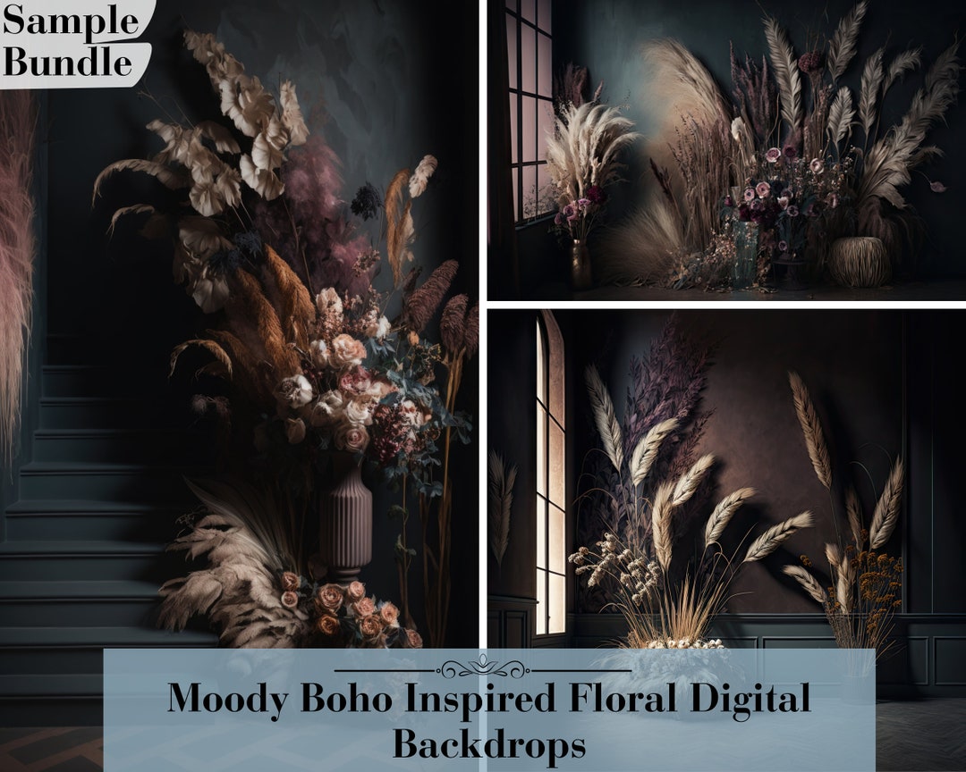 3 Moody Boho Floral Digital Backdrops, Maternity Backdrops Digital ...