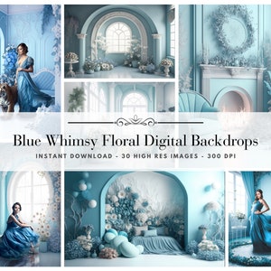 30 Blue Whimsy Floral Digital Backdrops, Maternity Backdrops Digital ...