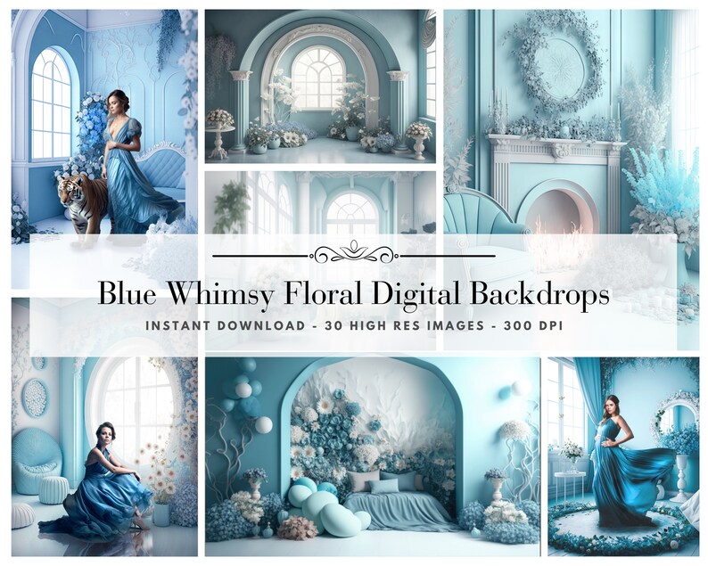 30 Blue Whimsy Floral Digital Backdrops Digital Background - Etsy