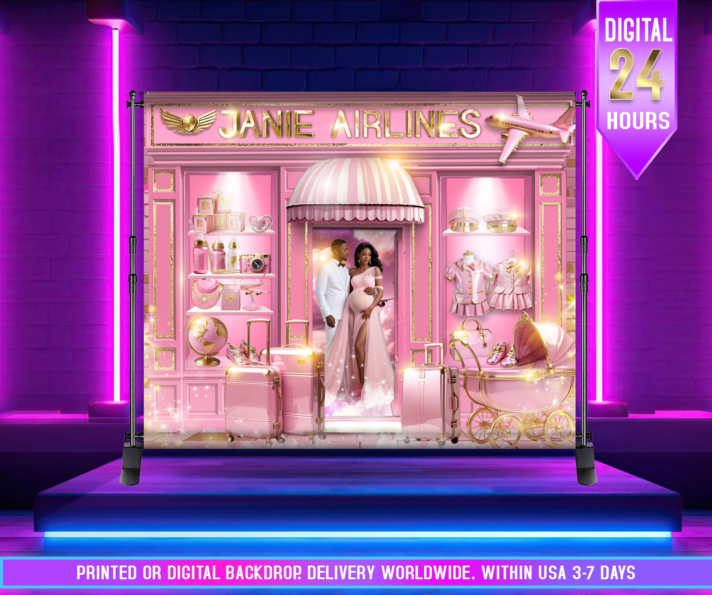 Travel Baby Shower Backdrop Airplane Shower Backdrop Pink Airport Baby ...