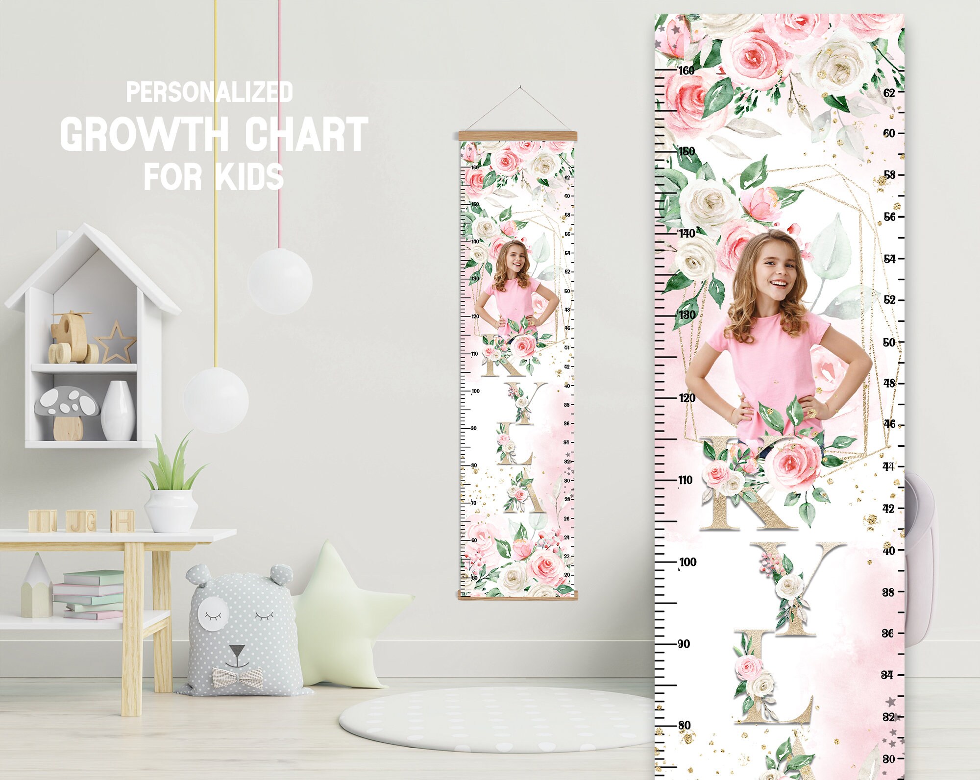 Pink Flowers Height Chart With Hanging Frame, Personalized Flowers Boy ...