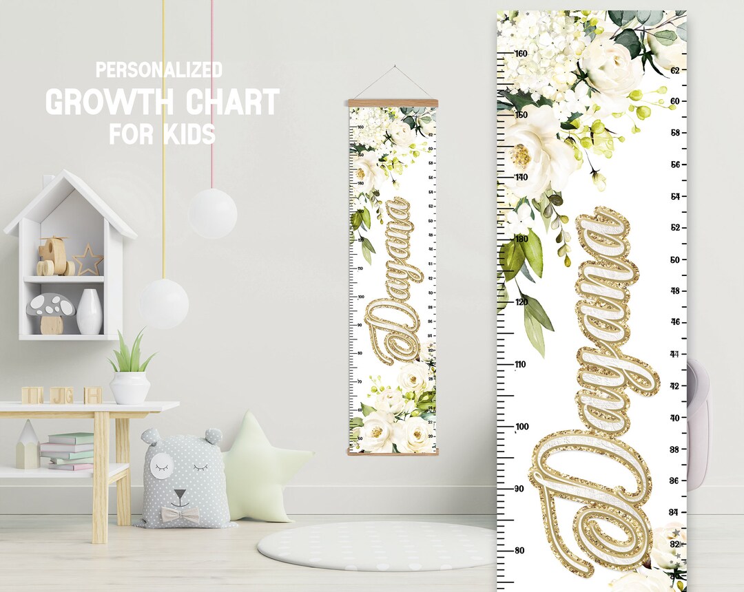 White Flowers Height Chart With Hanging Frame, Personalized Flowers Boy ...