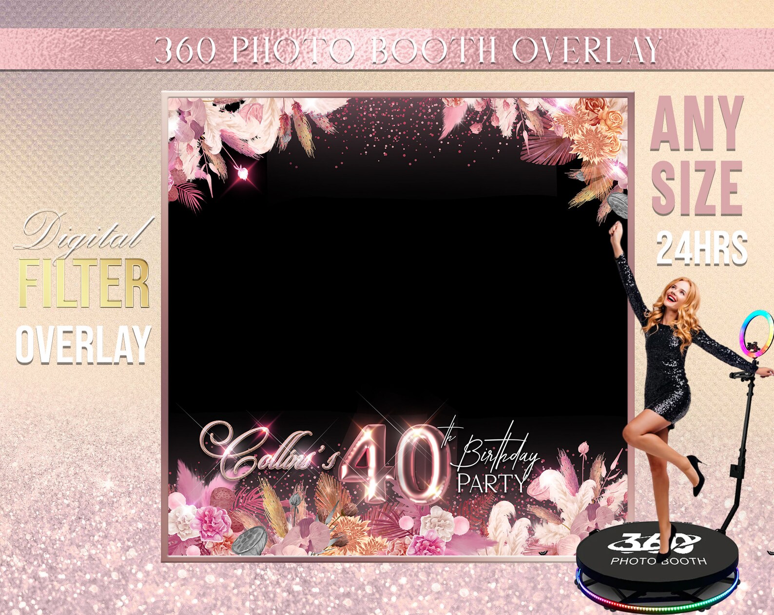 Any Size - Pink Bohemian Birthday Photo Booth Overlay, Boho 360 Photo ...