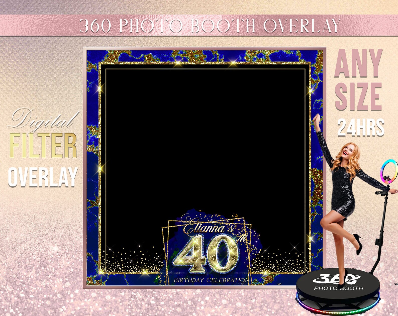 ANY Wording Blue and Black Photo Booth, Blue Photo Template Birthday ...