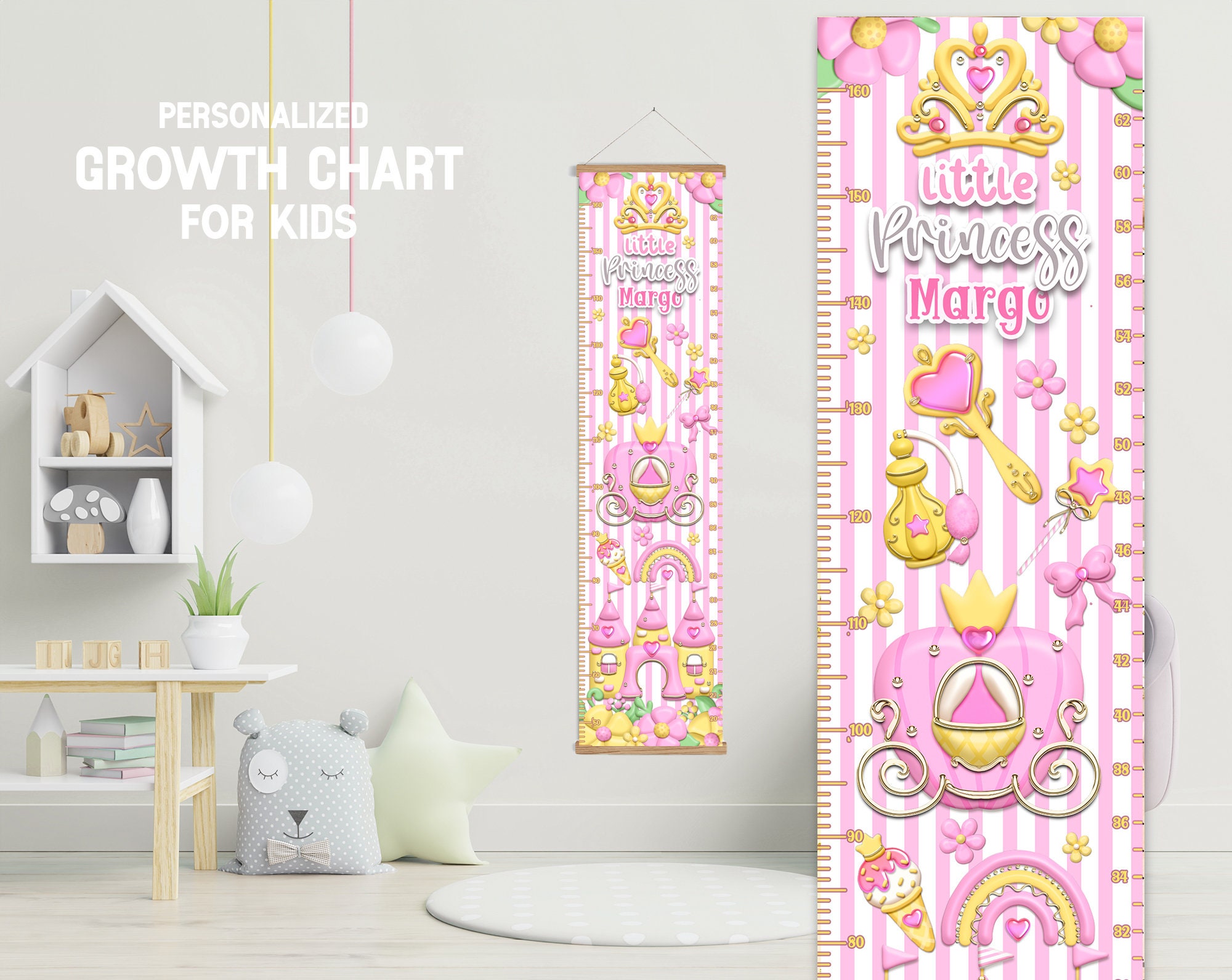Princes Height Chart With Hanging Frame, Personalized Princess Boy Girl ...