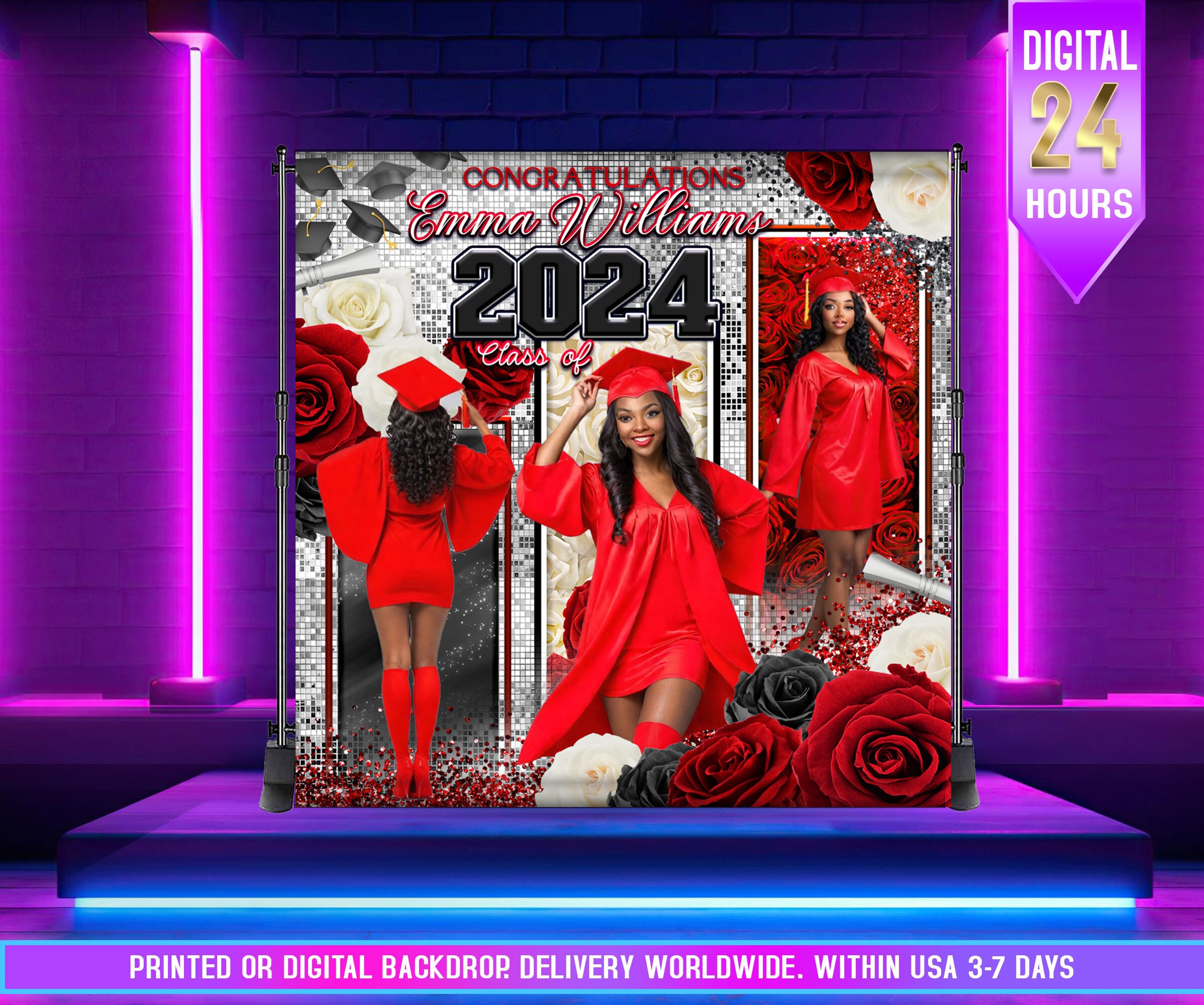 PRINTED or DIGITAL Red Gold Graduation Graduation Backdrop Red E ...