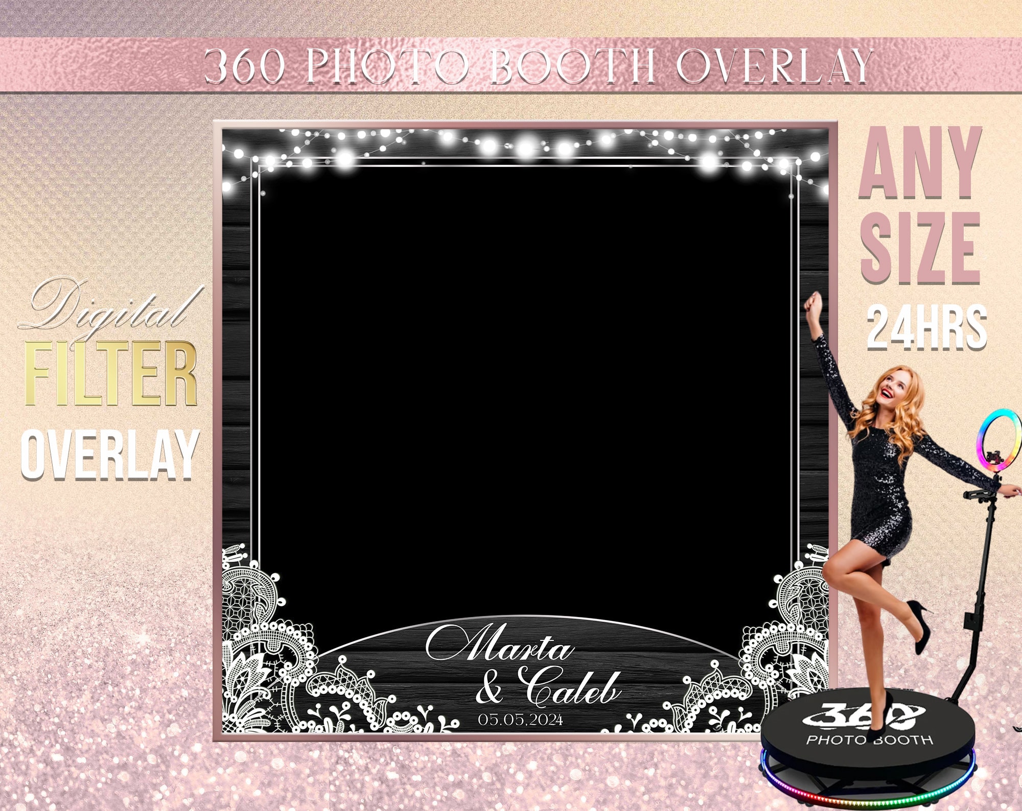 White Black Wedding Photo Booth Photo Template, Engagement Overlay ...