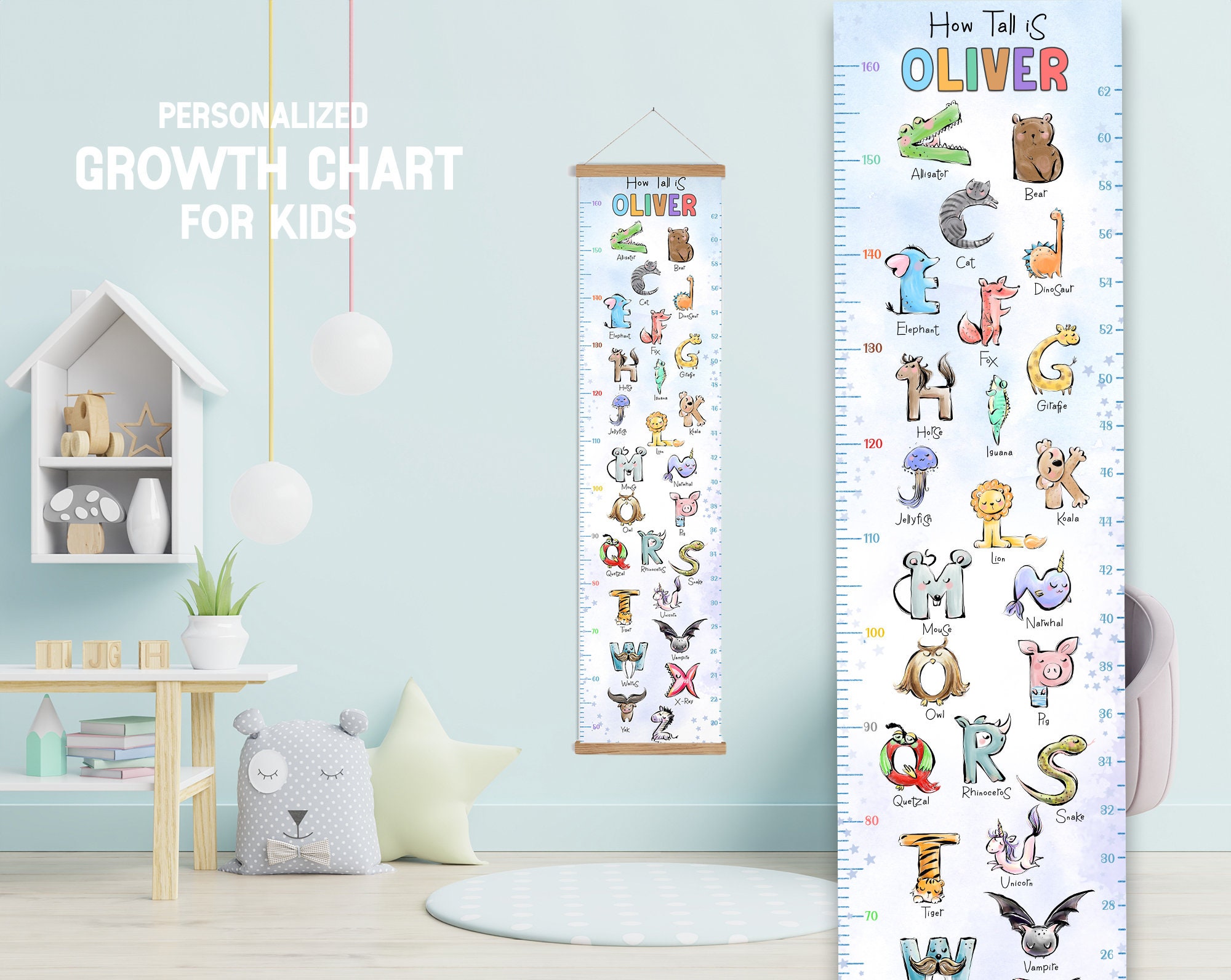 Animal Alphabet Height Chart With Hanging Frame, Personalised Animal ...