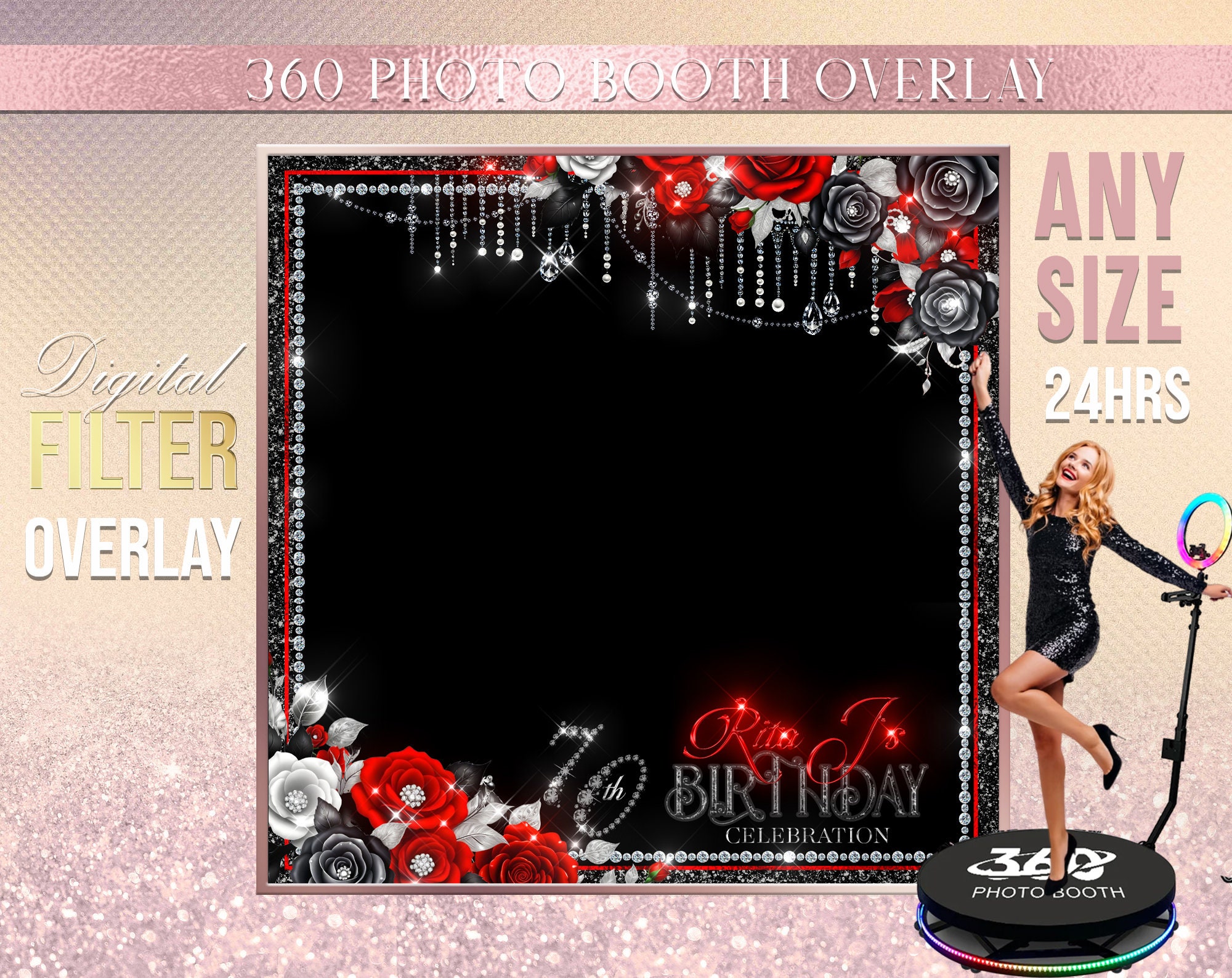 360 Photo Booth Overlay, Red Black White Photo Booth 360 Overlay, 60th ...