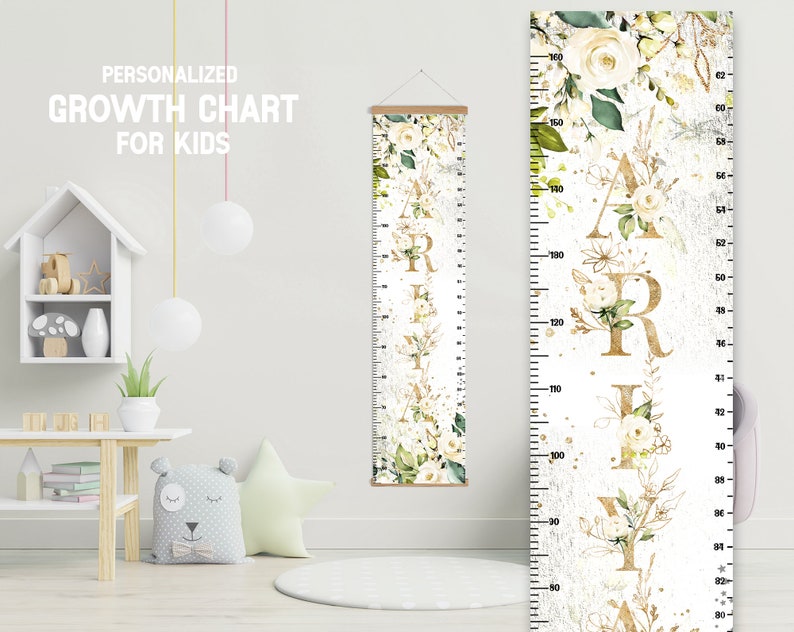 White Flowers Height Chart With Hanging Frame, Personalized Flowers Boy ...