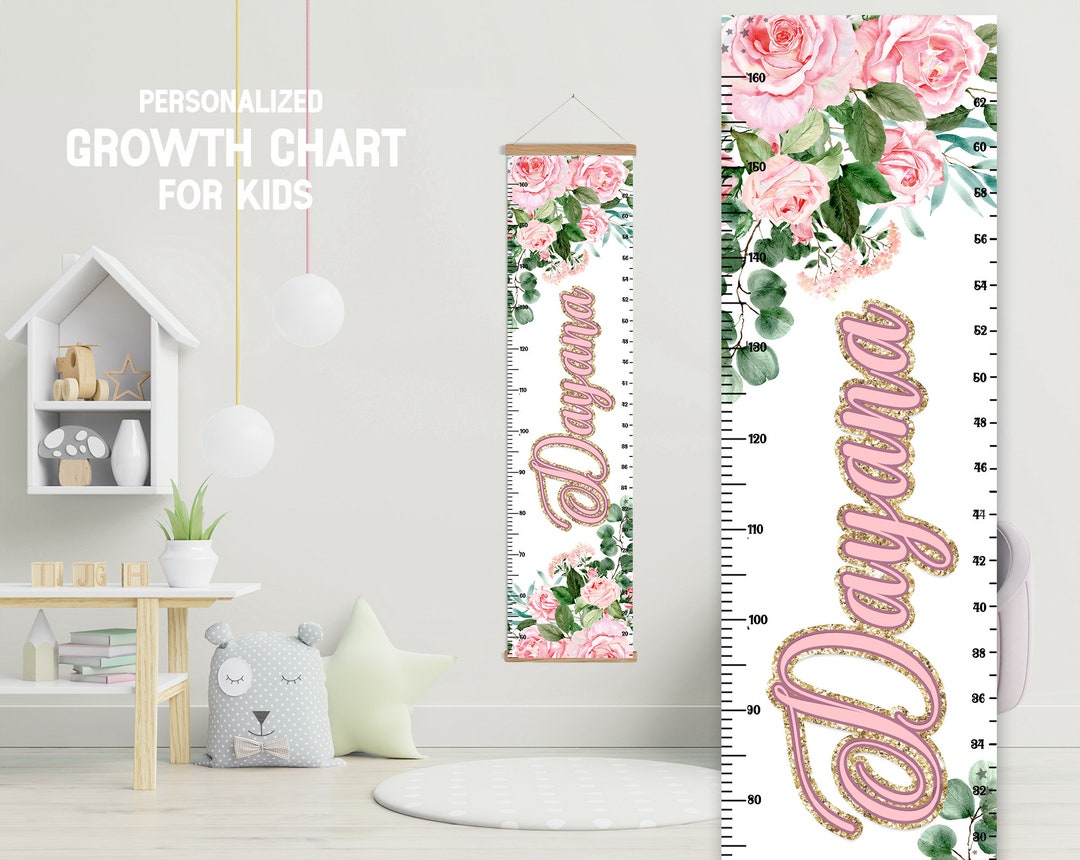 Pink Flowers Height Chart With Hanging Frame, Personalized Flowers Boy ...